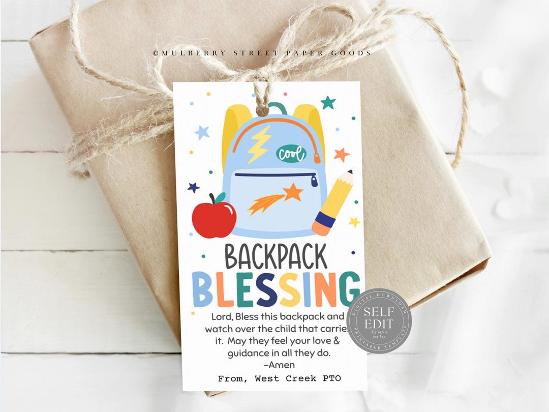 Backpack Blessing Gift Tag Canva Template Printable First Day of School ...