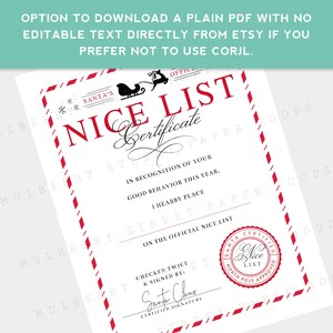Printable Santa Claus Nice List Certificate, Editable Santa's Official ...