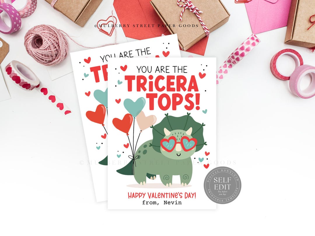 Triceratops Valentine Card Canva Template Dinosaur Classroom Valentine ...