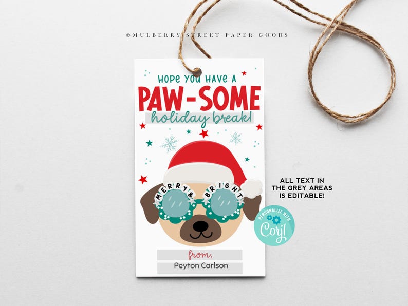 Editable Christmas Puppy Dog Holiday Break Gift Tag Digital Download ...