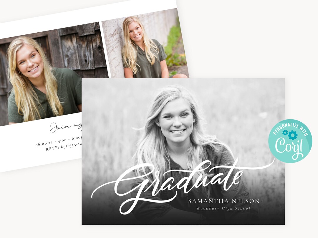 Graduation Invitation Photo Card, Hand Lettered Graduation Photo ...