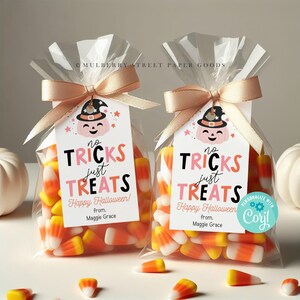 Halloween Printable Gift Tag Pink Halloween No Tricks Just Treats Cute ...