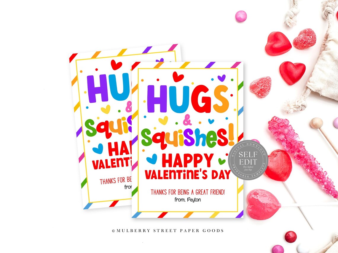 Printable Hugs and Squishes Valentine's Day Card Kids School Classroom ...