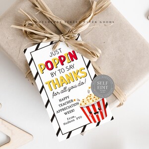 Just Popping by to Say Thanks for All You Do Gift Tag, Popcorn Gift Tag ...