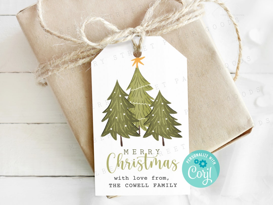 Printable Merry Christmas Trees Gift Tag, Modern Christmas Trees Bag ...