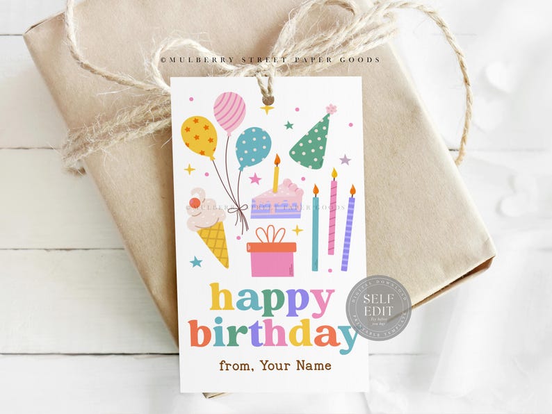 Editable Happy Birthday Gift Tag Printable Digital Download Custom ...