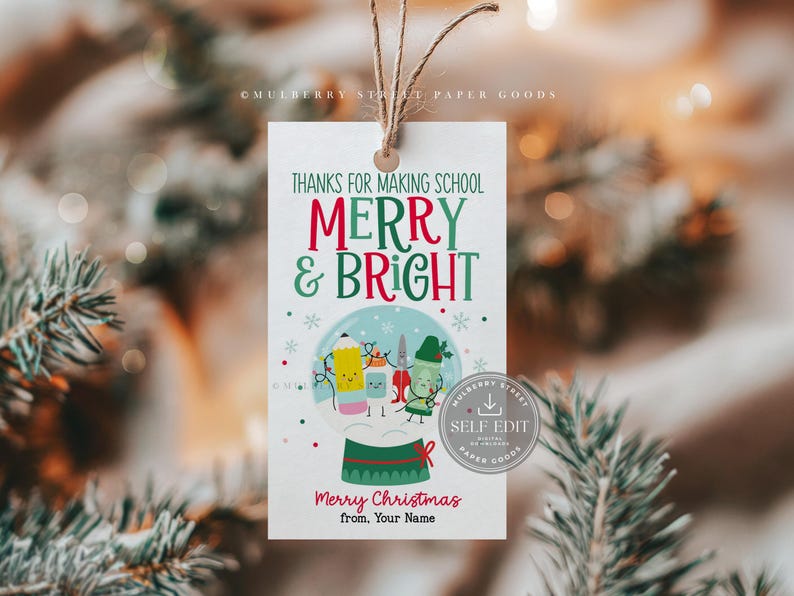 Merry and Bright Teacher Appreciation Gift Tag Printable Digital ...