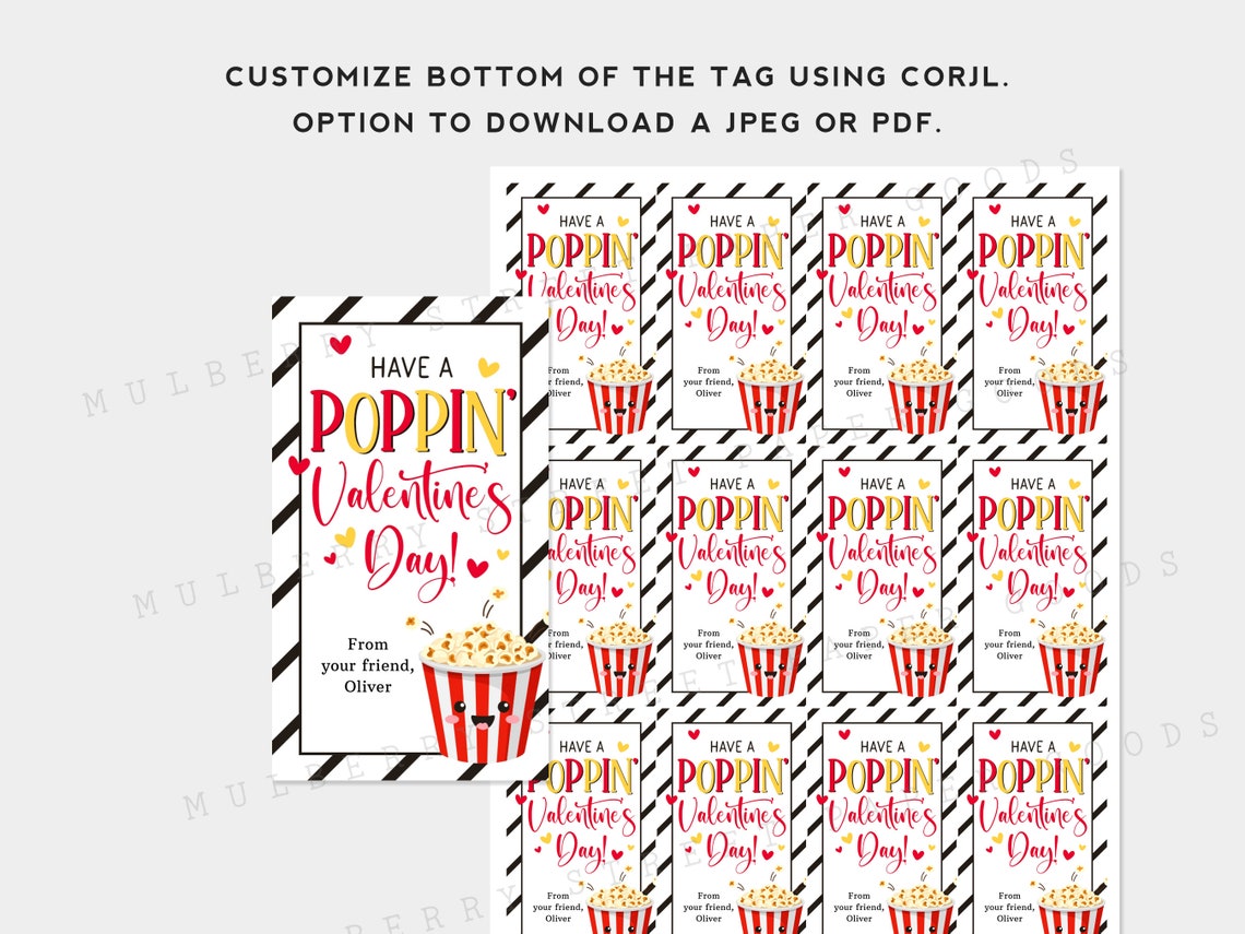 Printable Have a Poppin' Valentine's Day, Popcorn Treat Valentine's ...