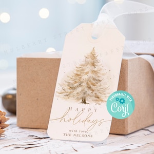 Printable Happy Holidays Gift Tag, Gold Christmas Tree Gift Tag, DIY ...