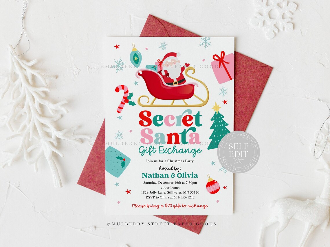 Secret Santa Christmas Party Invitation Digital Download Editable ...