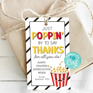 Just Popping by to Say Thanks for All You Do Gift Tag, Popcorn Gift Tag ...