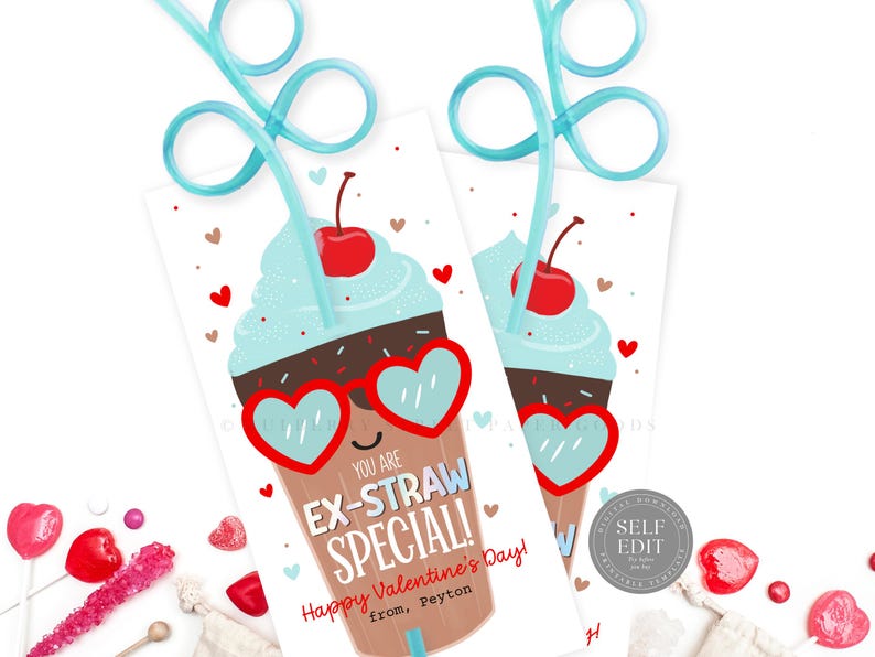 Cute Straw Valentine Card Printable Digital Download Valentine's Day ...