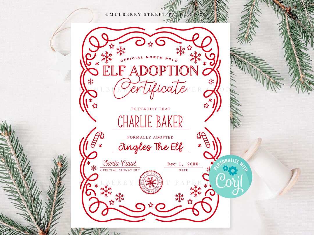 Editable Elf Adoption Certificate Printable Personalized Christmas Elf ...