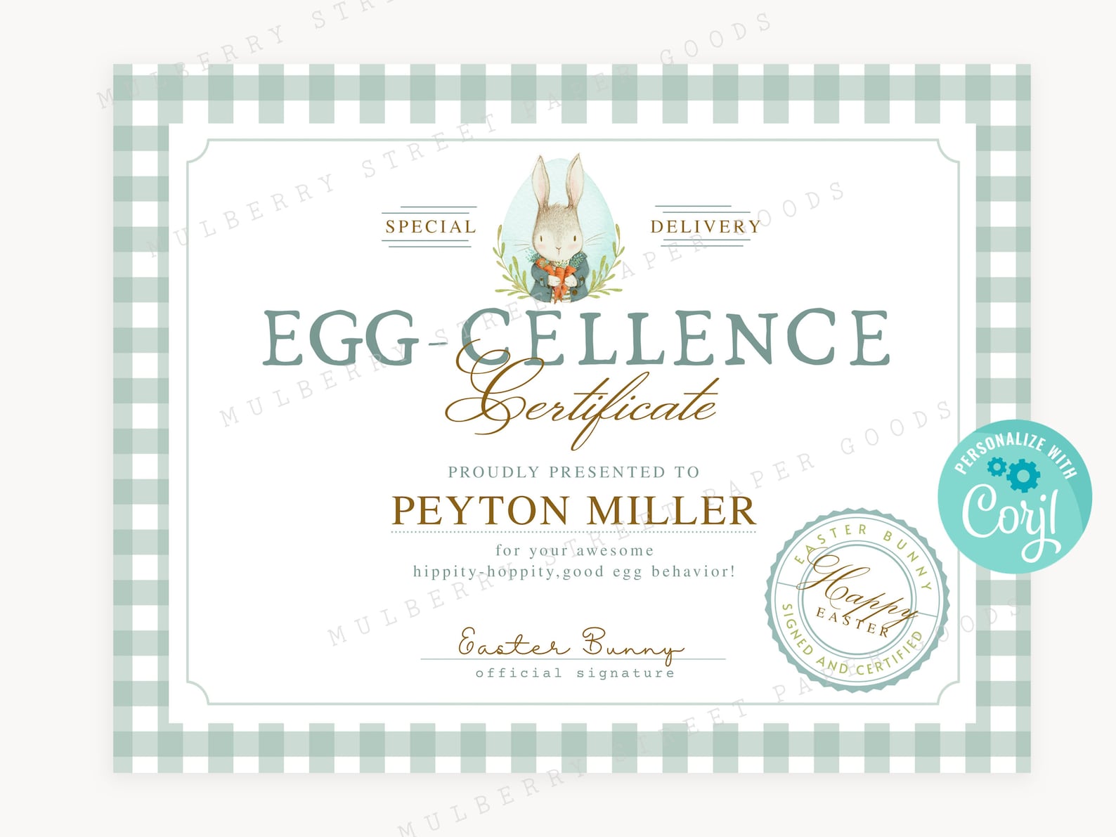 Editable Easter Bunny Egg-cellence Certificate Printable Easter ...