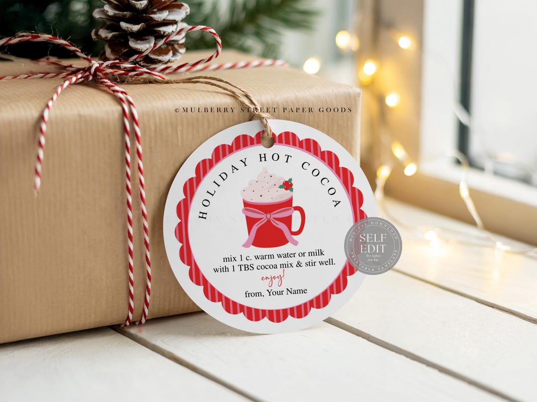 Editable Christmas Hot Cocoa Round Label Printable Custom Red Pink ...
