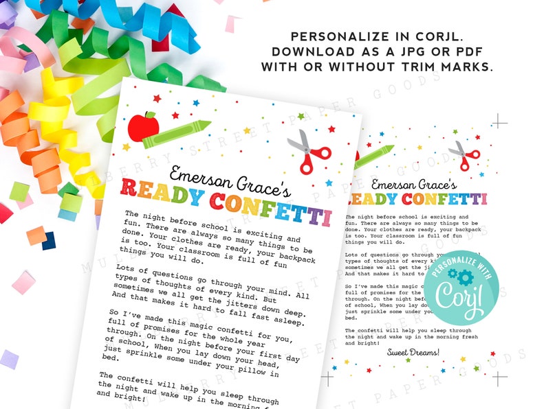 Back to School Ready Confetti Printable, First Day of School Printable ...