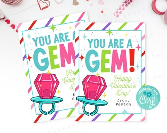 Ring Pop You're a Gem Girls Valentine's Day Classroom Card Heart ...