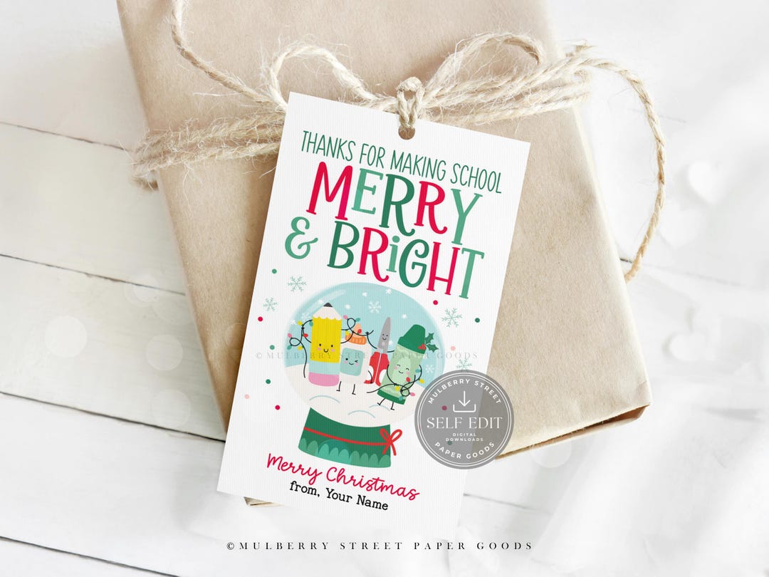 Merry and Bright Teacher Appreciation Gift Tag Printable Digital ...