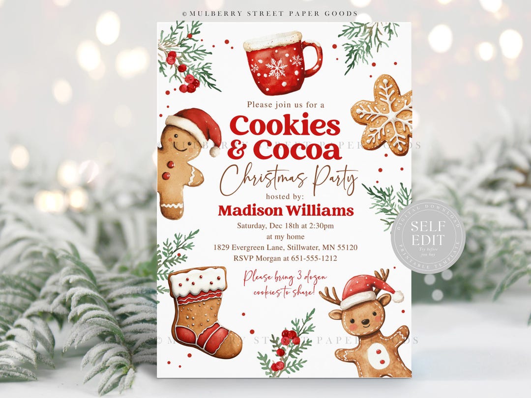Editable Cookie and Cocoa Christmas Party Invitation Template Cookie ...