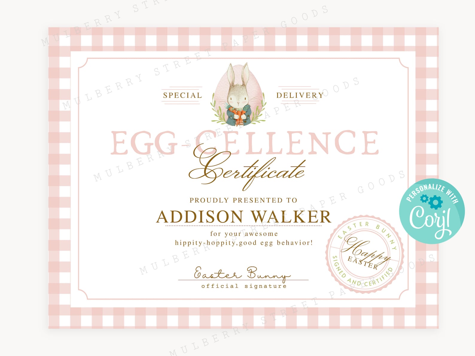 Printable Egg-cellence Certificate, Easter Bunny Certificate of ...