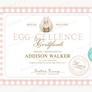 Printable Egg-cellence Certificate Editable Easter Bunny Certificate of ...