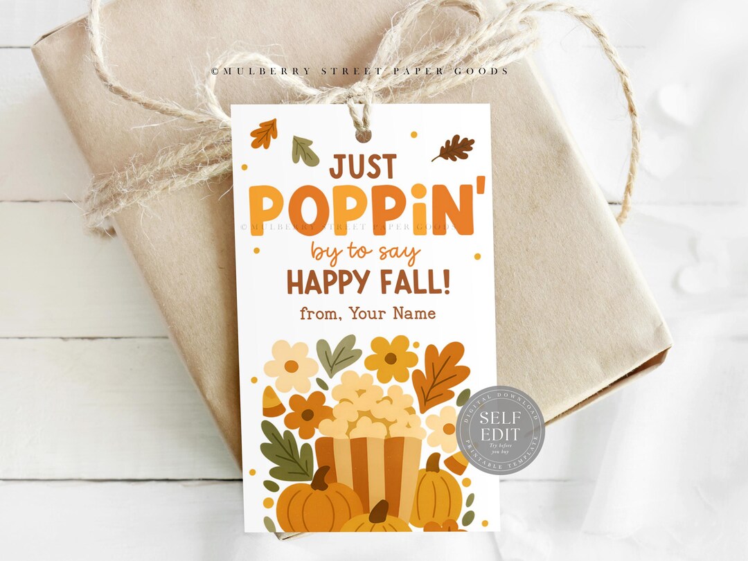 Fall Popcorn Gift Tag Printable Digital Download Just Popping by to Say ...