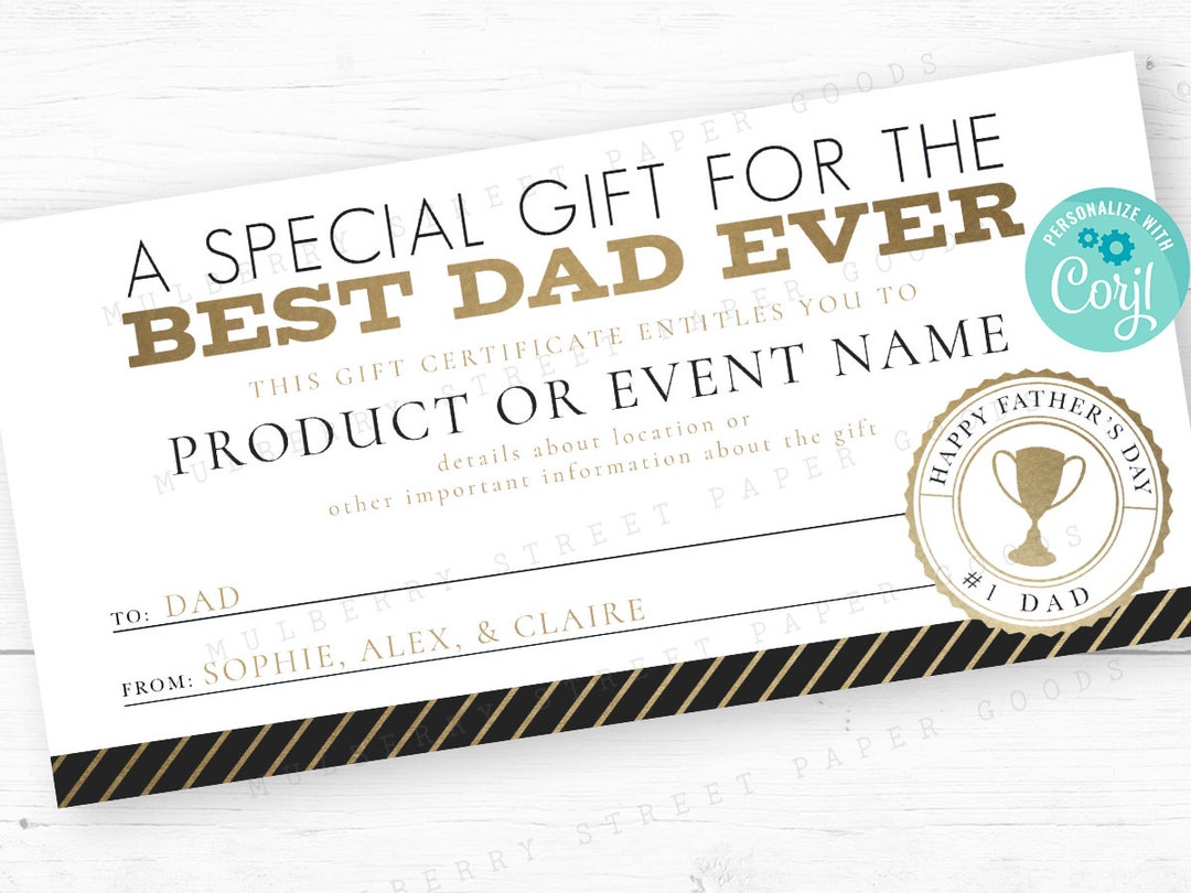 Printable Best Dad Ever Father's Day Gift Certificate, Customizable ...