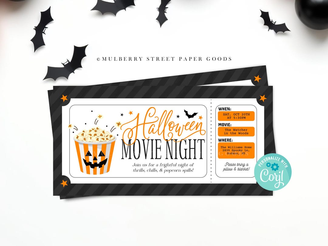 Halloween Movie Night Invitation Template Halloween Movie Ticket Invite ...
