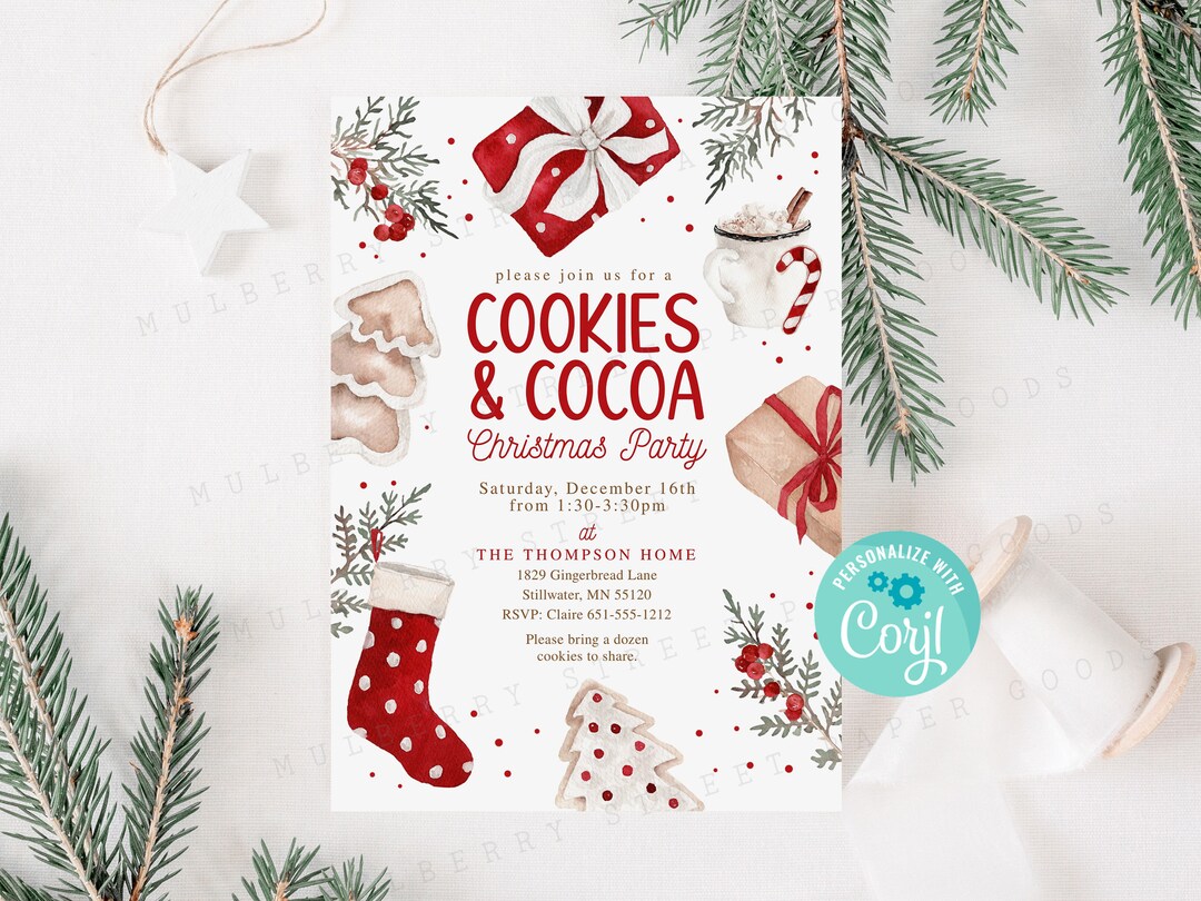 Editable Christmas Party Invitation, Festive Cocoa and Cookies Holiday ...