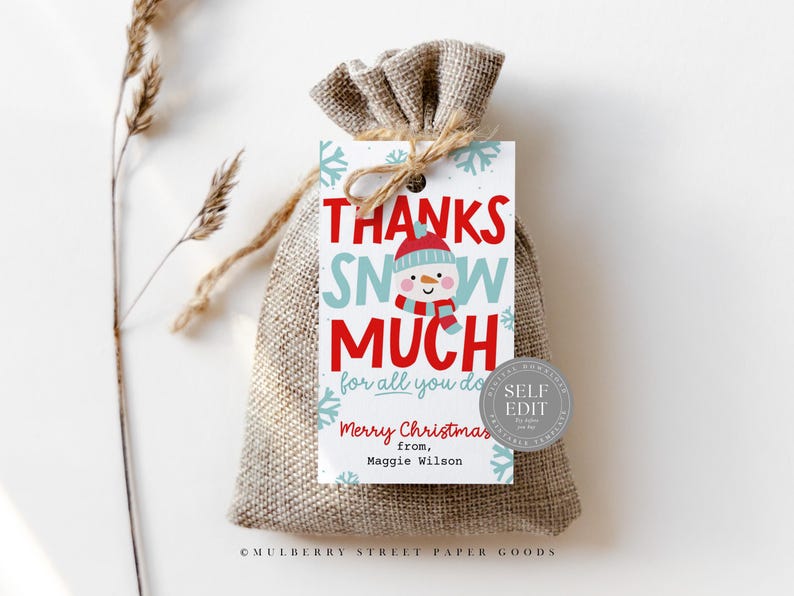 Thanks Snow Much Christmas Gift Tag Printable Winter Snowman Thank You ...