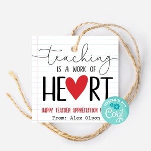 Printable Teaching is a Work of Heart Gift Tag, Instant Download ...