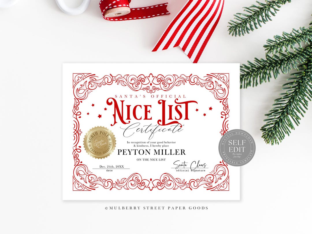 Santa's Official Nice List Certificate Canva Template Editable Nice ...
