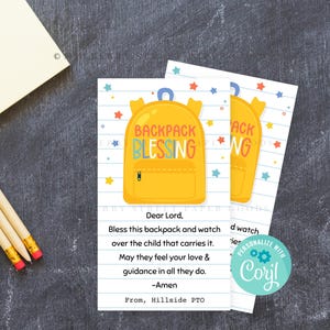 Editable Backpack Blessing Tag Printable Back to School Instant ...