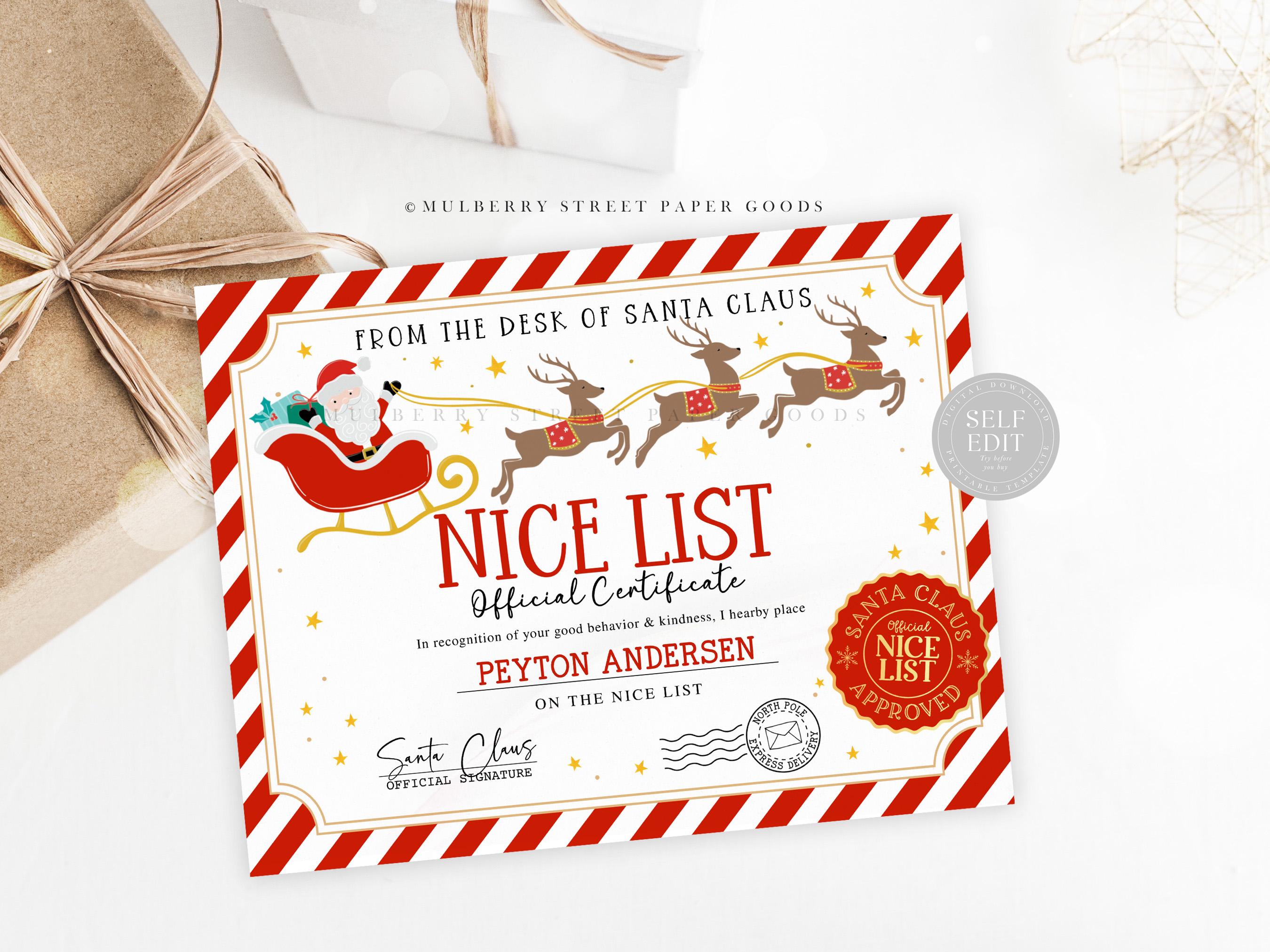 Editable Nice List Certificate Canva Template Personalized Letter From ...