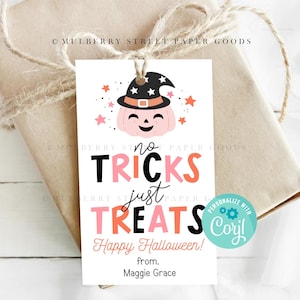 Halloween Printable Gift Tag Pink Halloween No Tricks Just Treats Cute ...
