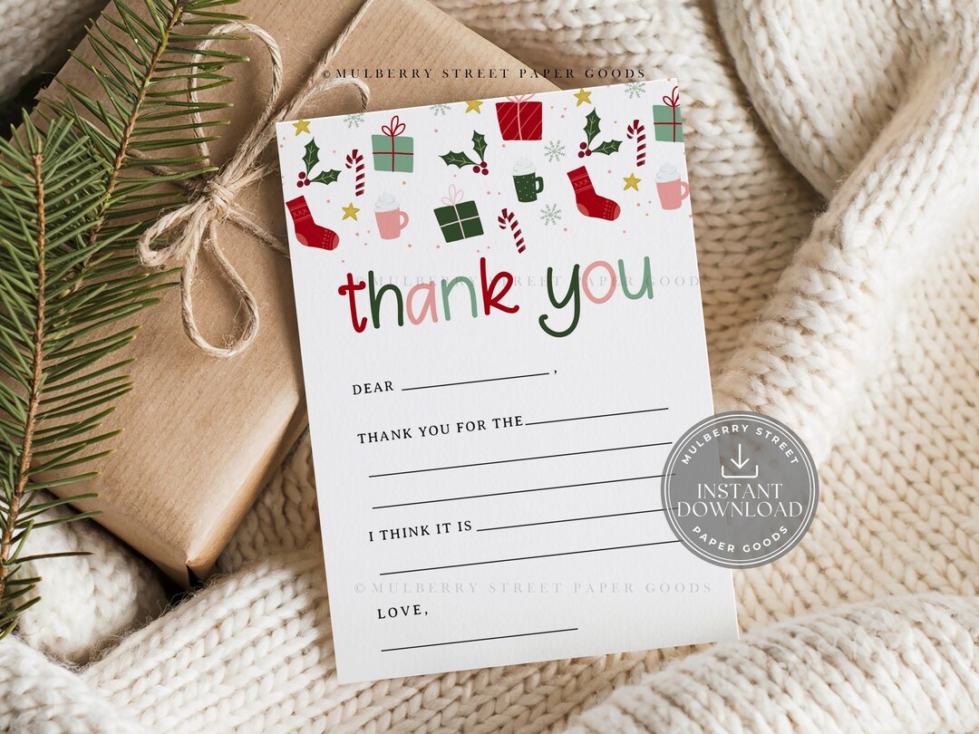 Printable Christmas Thank You Card, Kids Fill-in Note Instant Download ...