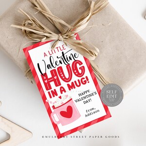 Hug in a Mug Valentine Gift Tag Printable Hot Cocoa Valentine's Day ...