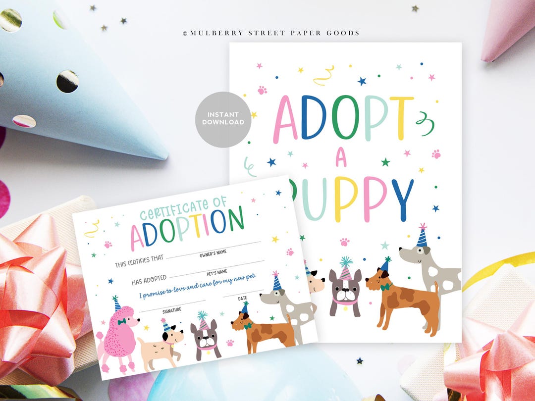 Instant Download Adopt A Puppy Certificate Printable Puppy Birthday ...