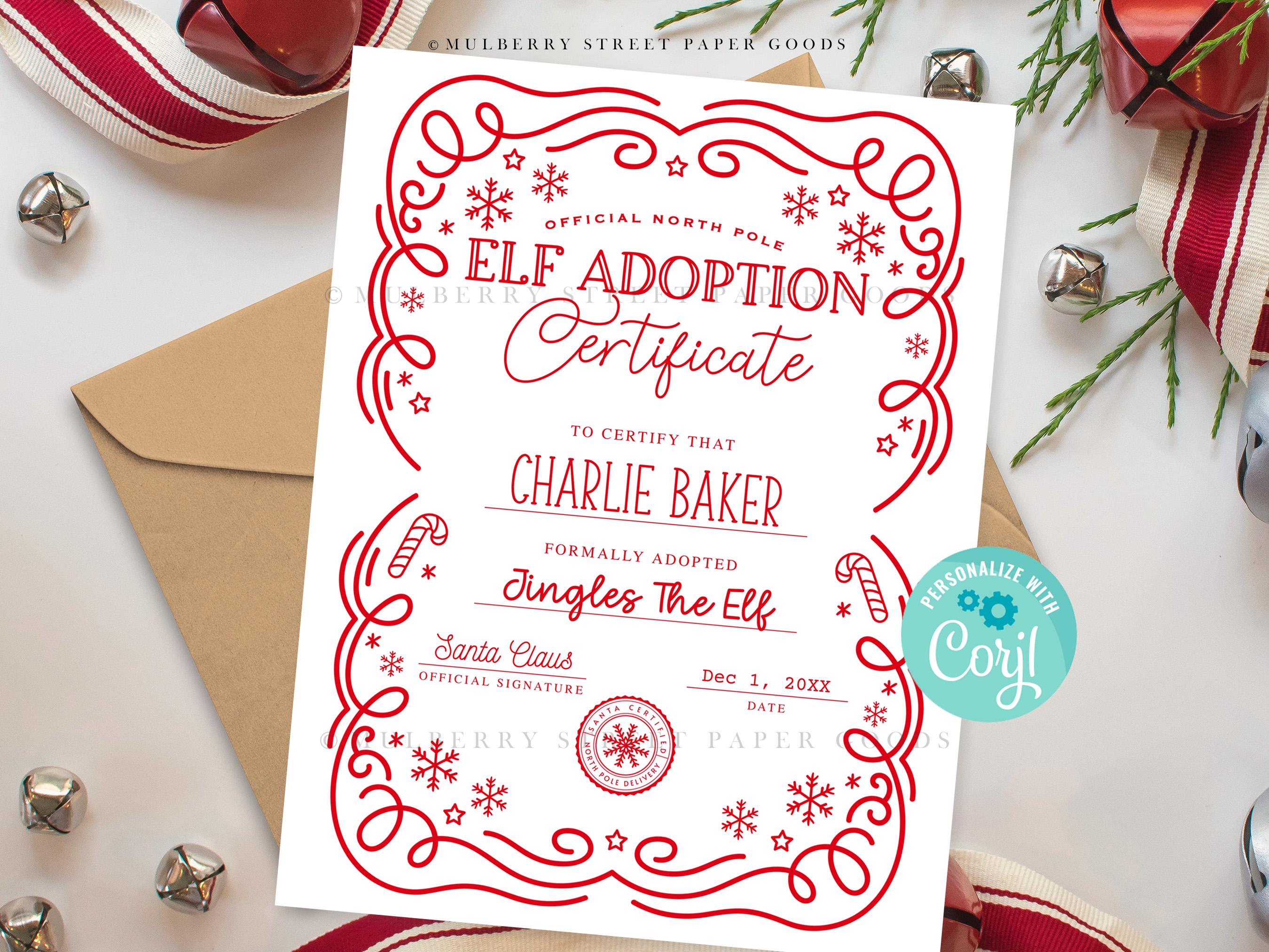 Editable Elf Adoption Certificate Printable Personalized Christmas Elf ...