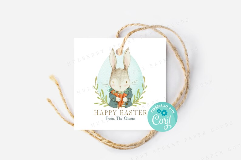 Printable Vintage Bunny Gift Square or Circle Easter Gift Tag, Instant ...