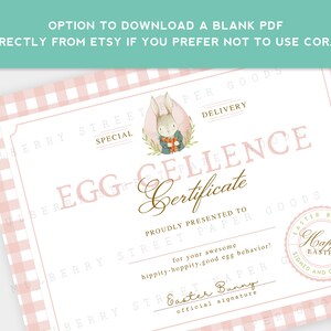 Printable Egg-cellence Certificate Editable Easter Bunny Certificate of ...