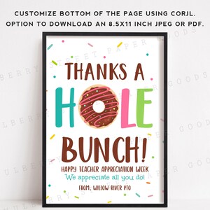 Thanks a Hole Bunch 8.5x11 Printable Sign, Donut Bar Teacher, Staff ...
