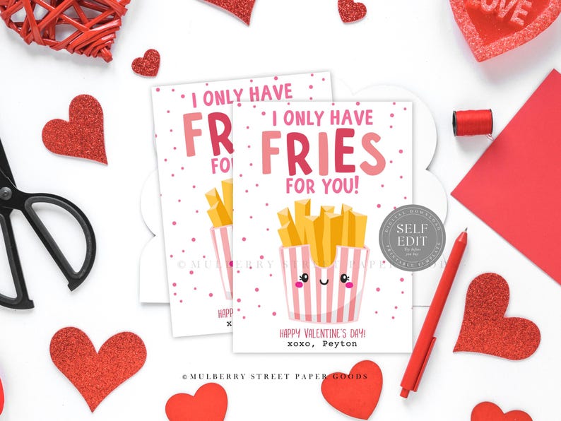 French Fries Valentine Card Printable Classroom Valentine Instant ...