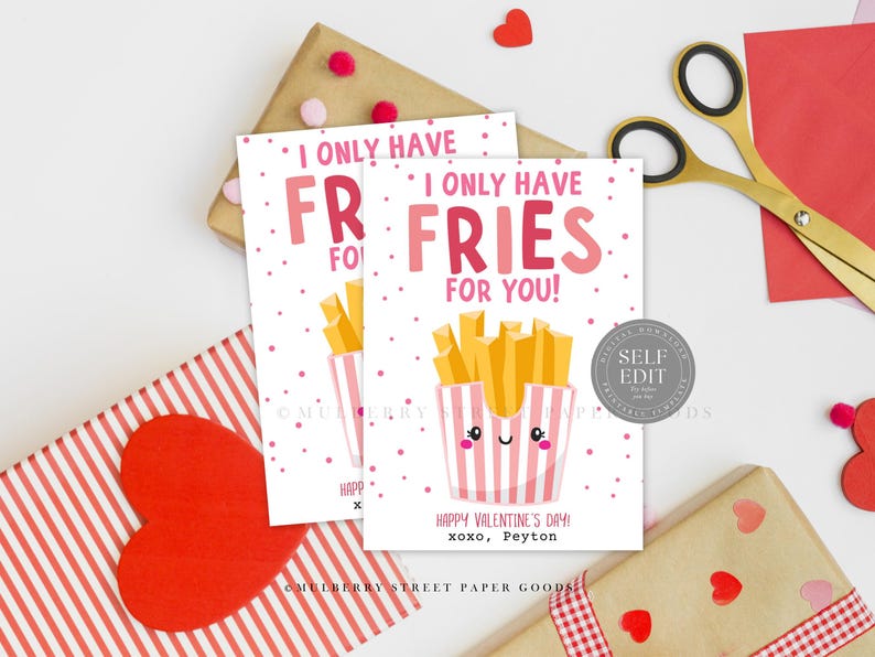 French Fries Valentine Card Printable Classroom Valentine Instant ...
