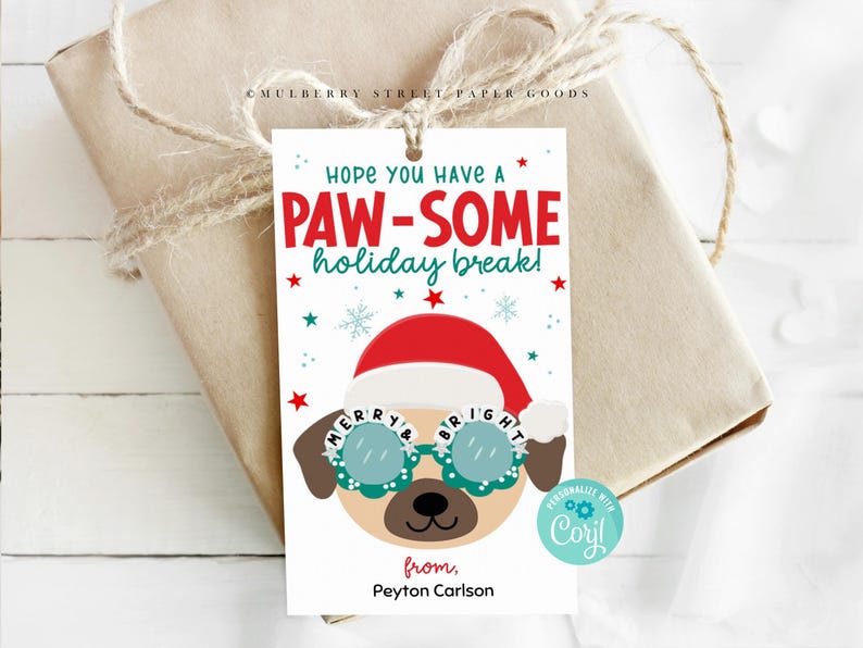 Editable Christmas Puppy Dog Holiday Break Gift Tag Digital Download ...