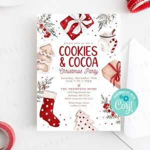 Editable Christmas Party Invitation, Festive Cocoa and Cookies Holiday ...