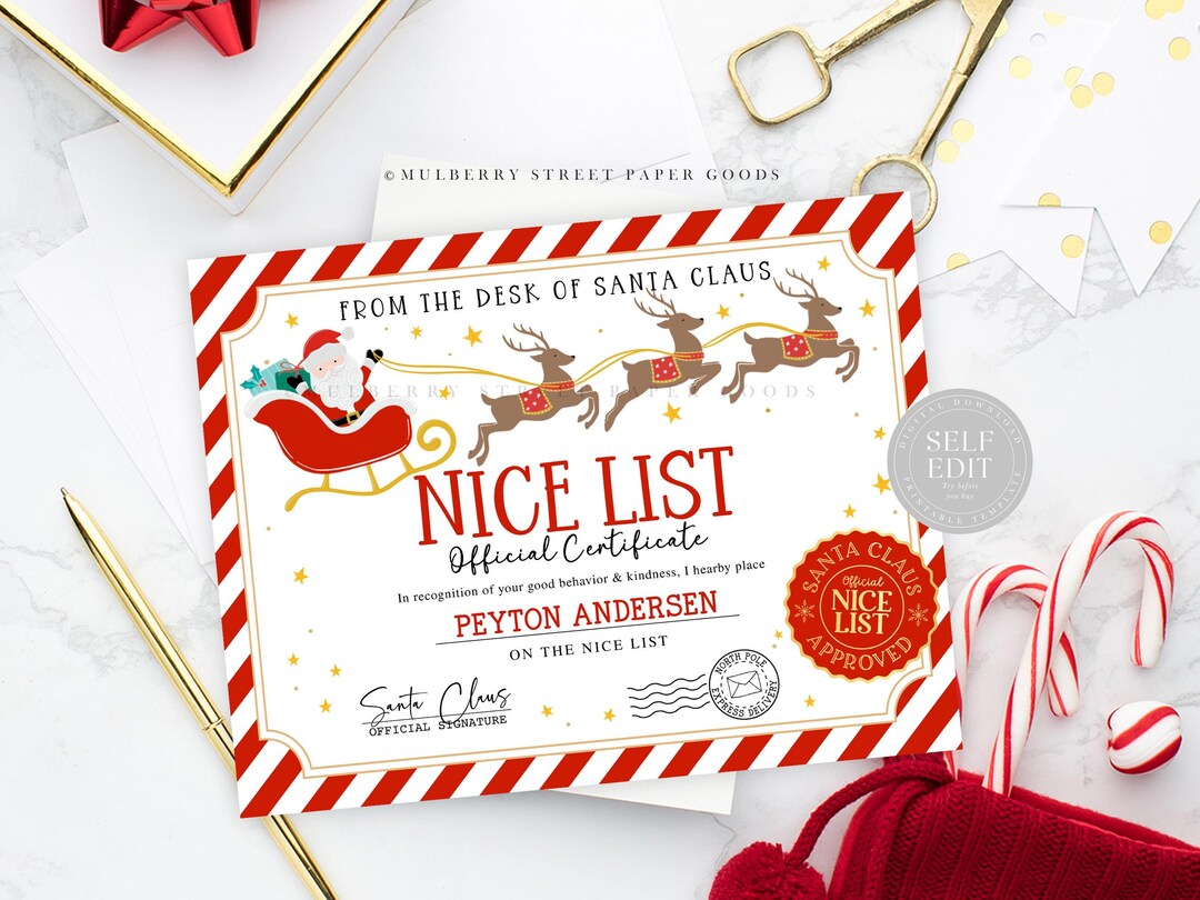 Editable Nice List Certificate Canva Template Personalized Letter From ...