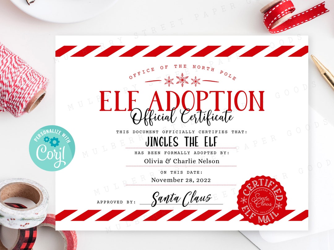 Printable Elf Adoption Official Certificate, Christmas Elf Tradition ...
