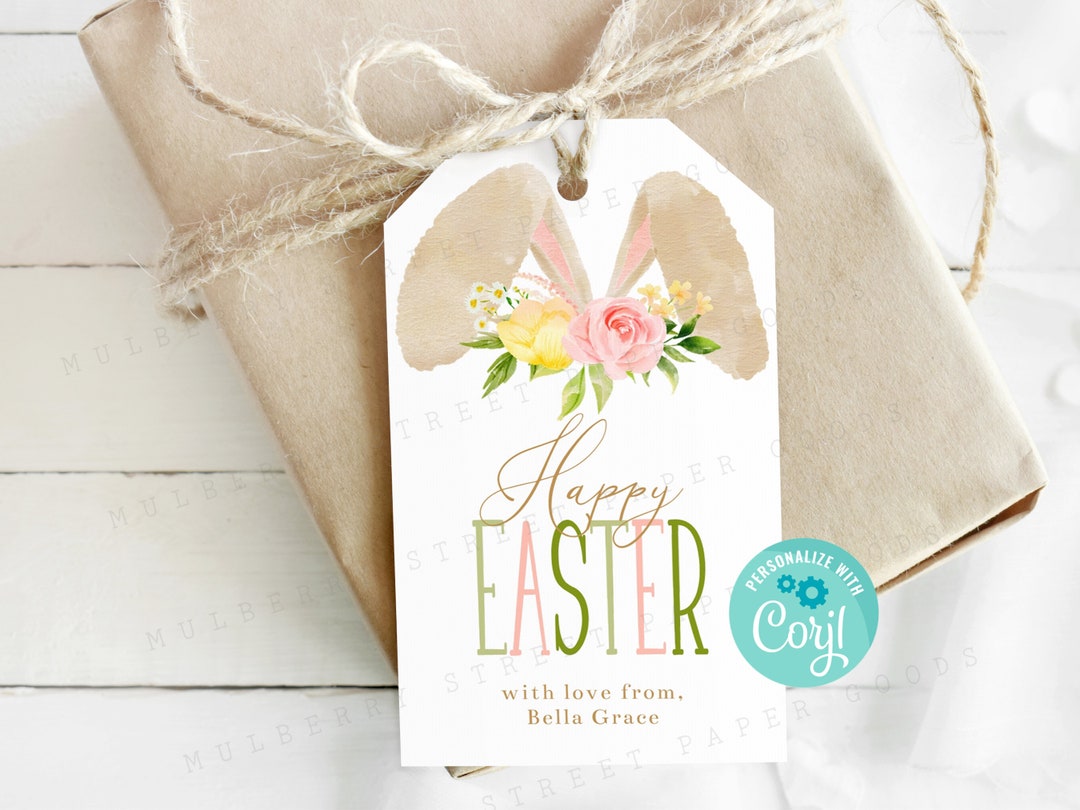 Printable Happy Easter Gift Tag, Cute Bunny Ears Easter Treat Bag Tag ...