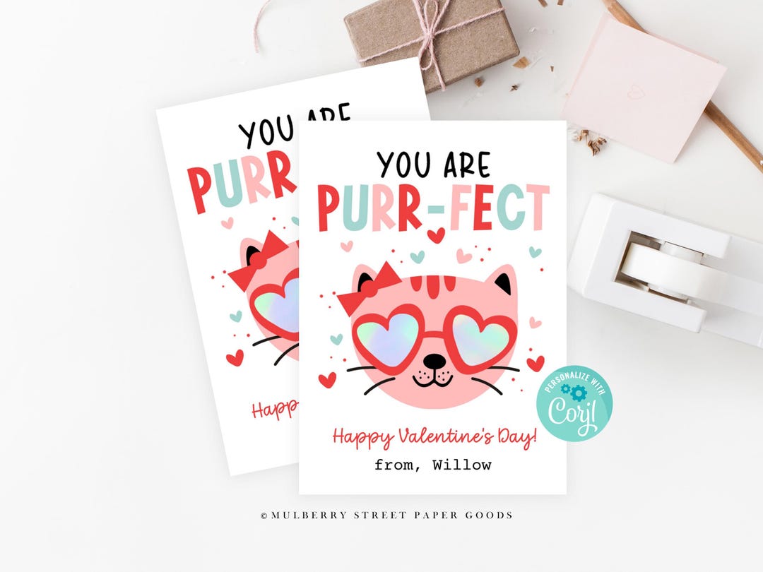 Cute Cat Valentine Card Printable Kitten Valentine's Day Template ...